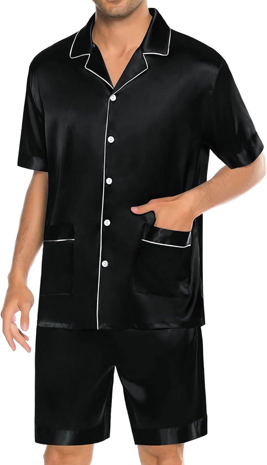 SWOMOG Mens Silk Pajama Set 2 Pieces Short Sleeve Soft Satin Sleepwear Button Down Pj(Black ...